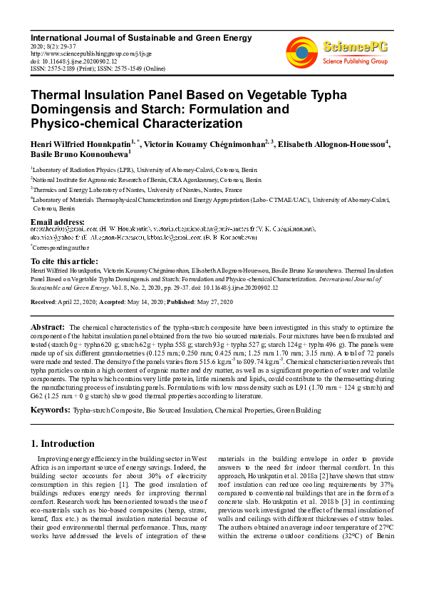 (PDF) Thermal Insulation Panel Based on Vegetable Typha Domingensis and ...