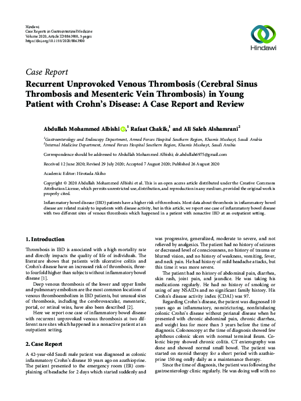 (PDF) Recurrent Unprovoked Venous Thrombosis (Cerebral Sinus Thrombosis and Mesenteric Vein ...