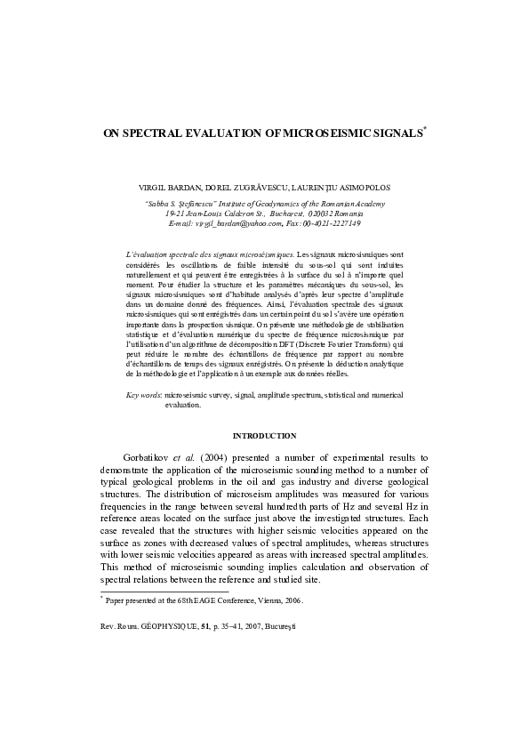 (PDF) Spectral Evaluation of Microseismic Signals