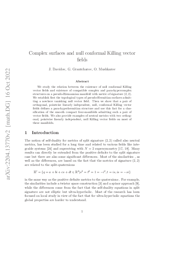 (PDF) Complex surfaces and null conformal Killing vector fields