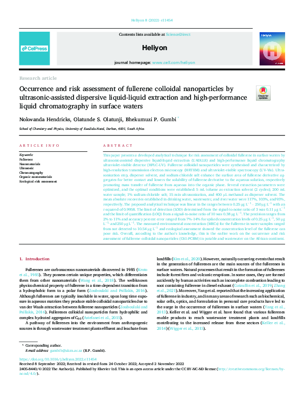(PDF) Occurrence and risk assessment of fullerene colloidal ...