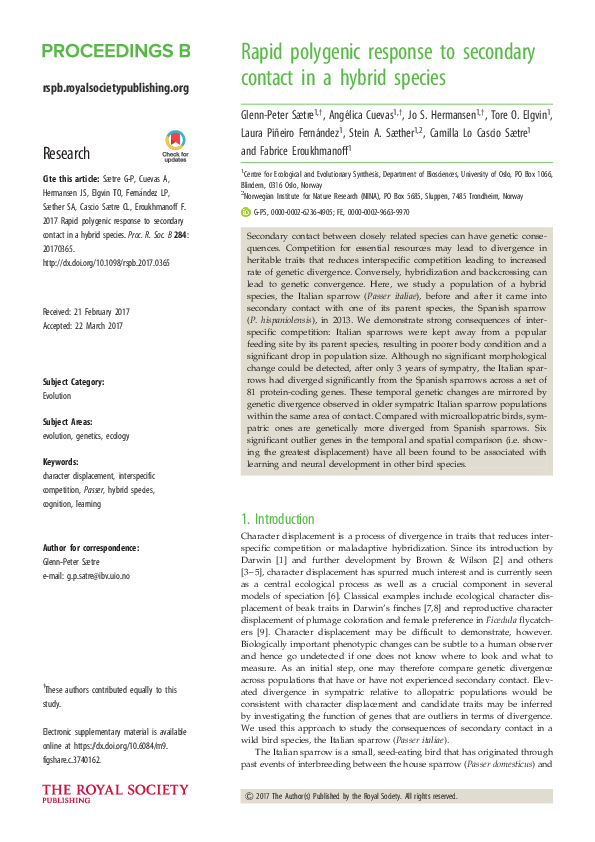 (PDF) Rapid polygenic response to secondary contact in a hybrid species