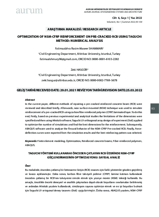 Pdf Optimization Of Nsm Cfrp Reinforcement On Pre Cracked Rcb Using Taguchi Method Numerical