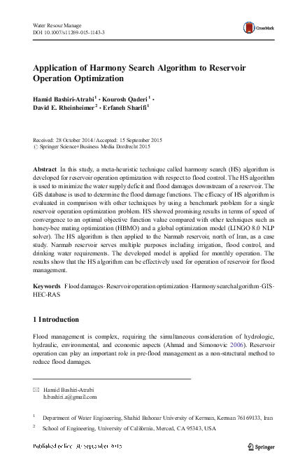 (PDF) Application of Harmony Search Algorithm to Reservoir Operation Optimization