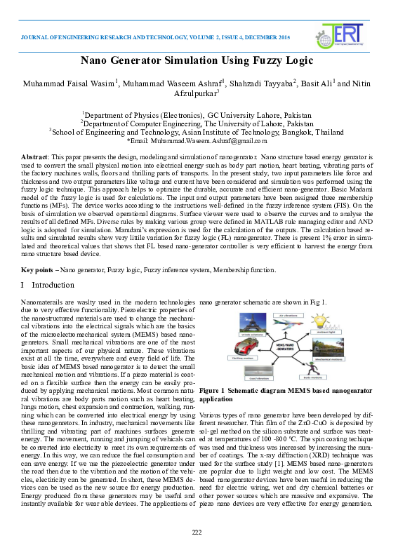 (PDF) Nano Generator Simulation Using Fuzzy Logic