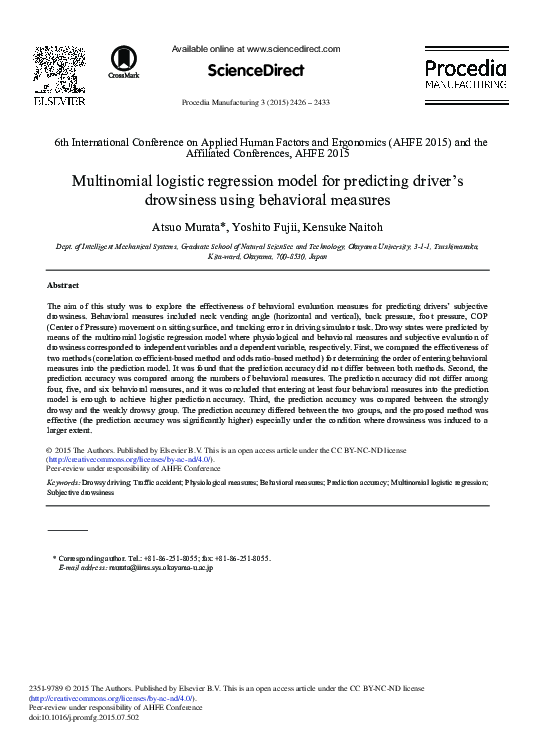 (PDF) Multinomial Logistic Regression Model for Predicting Driver's Drowsiness Using Behavioral ...