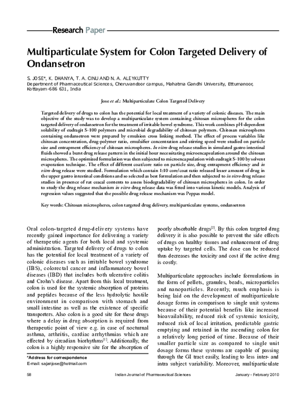 Pdf Multiparticulate System For Colon Targeted Delivery Of Ondansetron Dr Cinu Thomas A