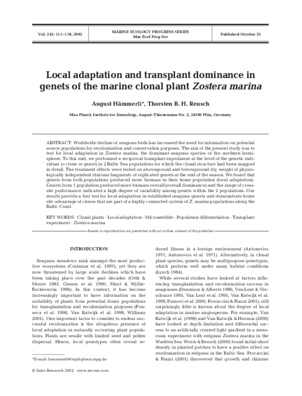 (PDF) Local adaptation and transplant dominance in genets of the marine ...