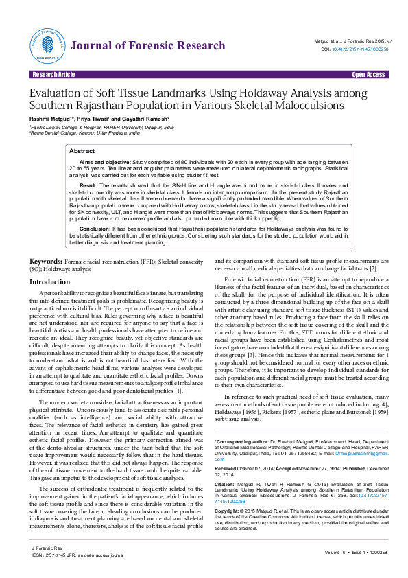 (PDF) Evaluation of Soft Tissue Landmarks Using Holdaway Analysis among ...