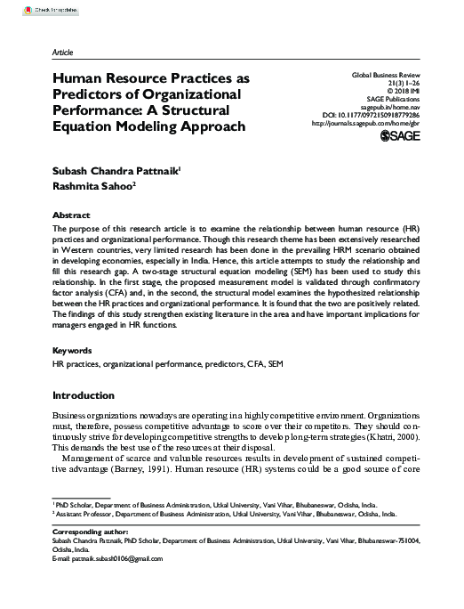 (PDF) Human Resource Practices as Predictors of Organizational Performance: A Structural ...