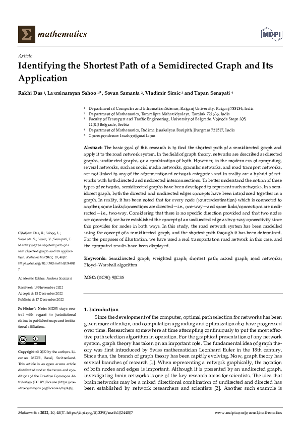 Pdf Identifying The Shortest Path Of A Semidirected Graph And Its Application 