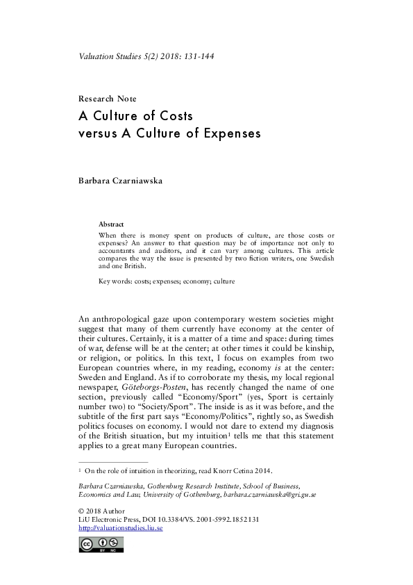 (PDF) Research Note. A Culture of Costs versus A Culture of Expenses