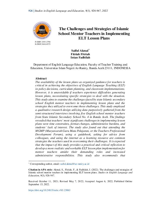 (PDF) The challenges and strategies of Islamic school mentor teachers ...