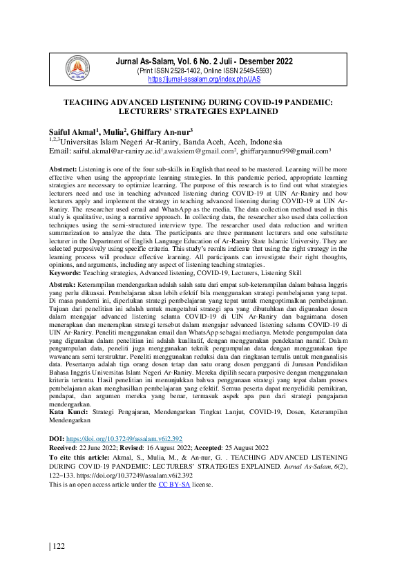 (PDF) Teaching Advanced Listening During COVID-19 Pandemic: Lecturers’ Strategies Explained ...