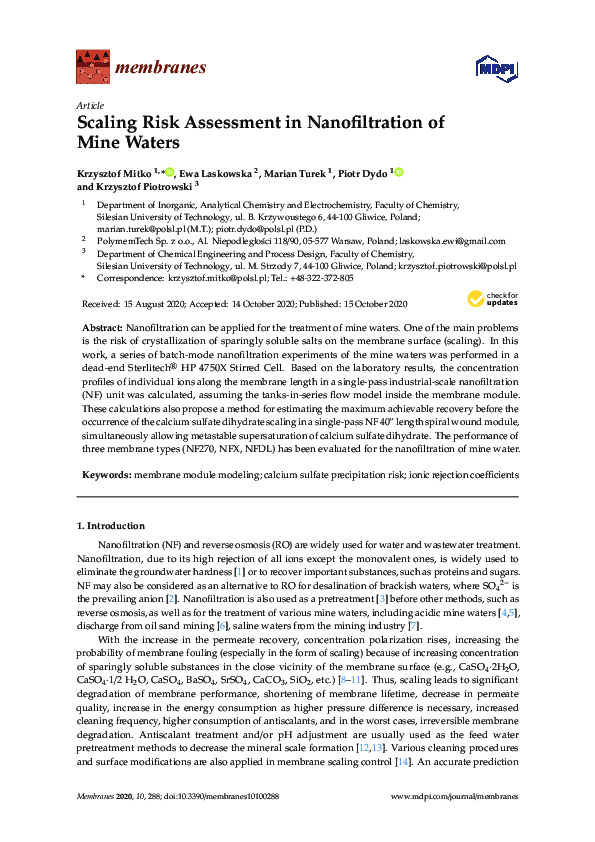 (PDF) Scaling Risk Assessment in Nanofiltration of Mine Waters