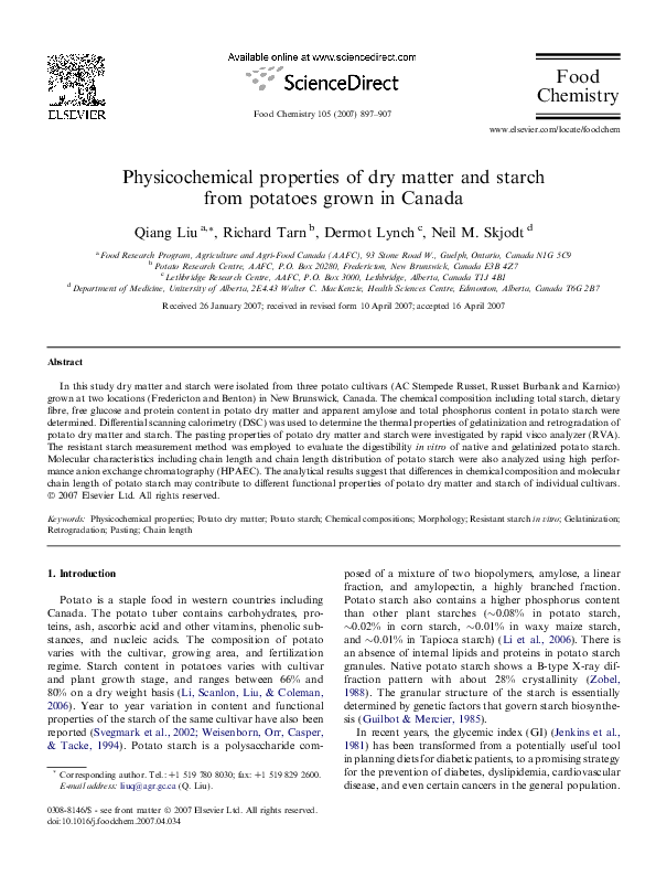 (PDF) Physicochemical properties of dry matter and starch from potatoes ...