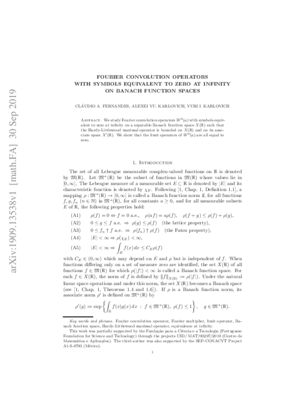 (PDF) Fourier Convolution Operators with Symbols Equivalent to Zero at Infinity on Banach ...