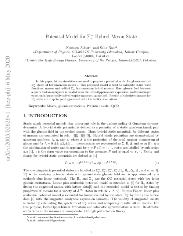 (PDF) Potential Model for $\Sigma_{u}^{-}$ Hybrid Meson State