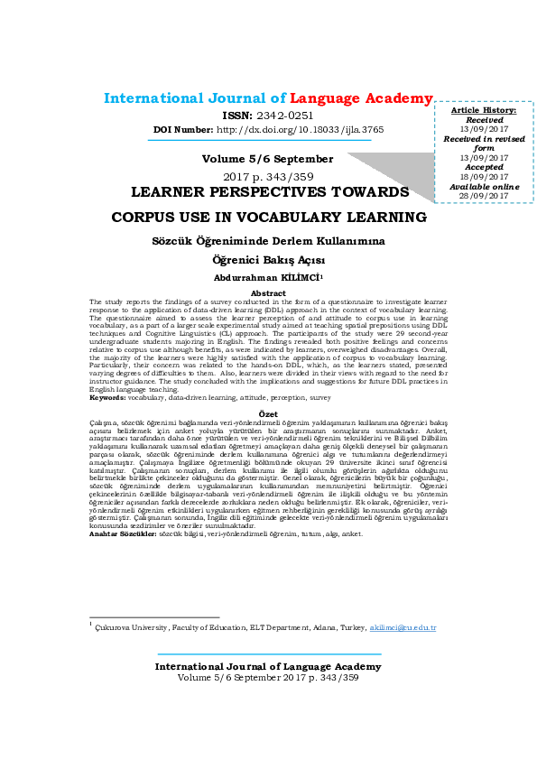 (PDF) Learner Perspectives Towards Corpus Use in Vocabulary Learning