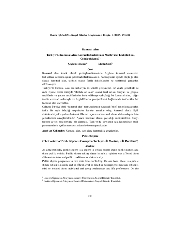 (PDF) Kamusal Alan (Türkiye'de Kamusal Alan Kavramlaştırılmasının Muhtevası: Tektiplil