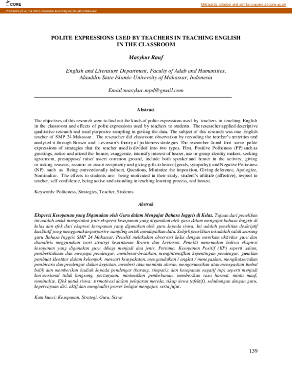 (PDF) Polite Expressions Used by Teachers in Teaching English in the ...
