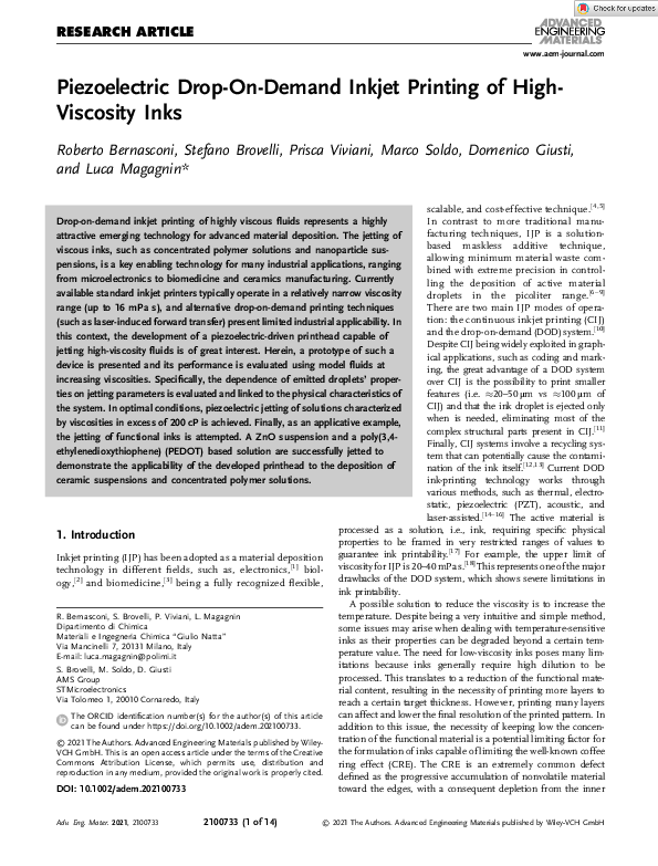(PDF) Piezoelectric Drop‐On‐Demand Inkjet Printing of High‐Viscosity Inks