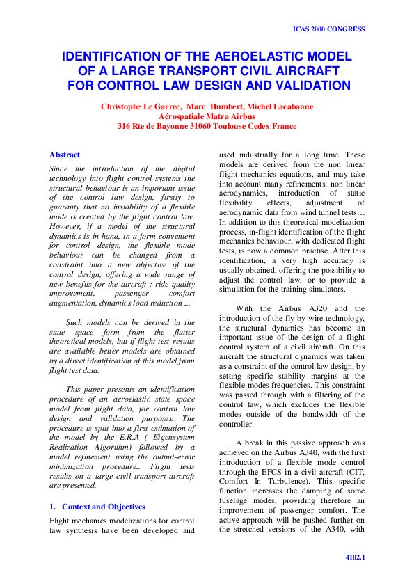(PDF) Identification of the Aeroelastic Model of a Large Transport Civil Aircraft for Control ...