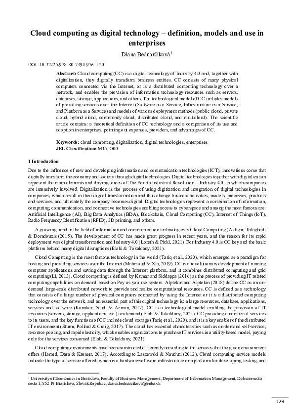 (PDF) Cloud Computing as Digital Technology - Definition, Models and ...