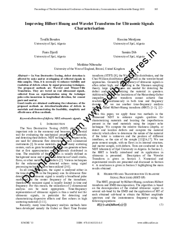 Pdf Improving Hilbert Huang And Wavelet Transforms For Ultrasonic Signals Characterisation