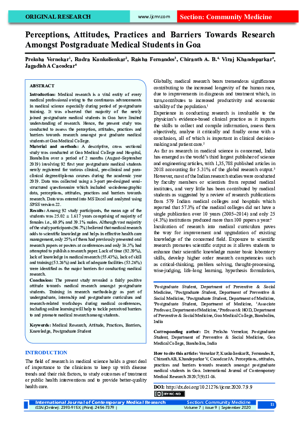 (PDF) Perceptions, Attitudes, Practices and Barriers Towards Research Amongst Postgraduate ...