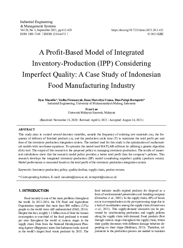 Pdf A Profit Based Model Of Integrated Inventory Production Ipp Considering Imperfect