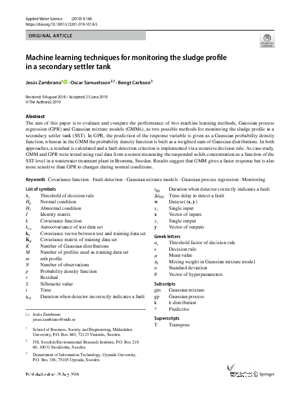 (PDF) Machine learning techniques for monitoring the sludge profile in a secondary settler tank