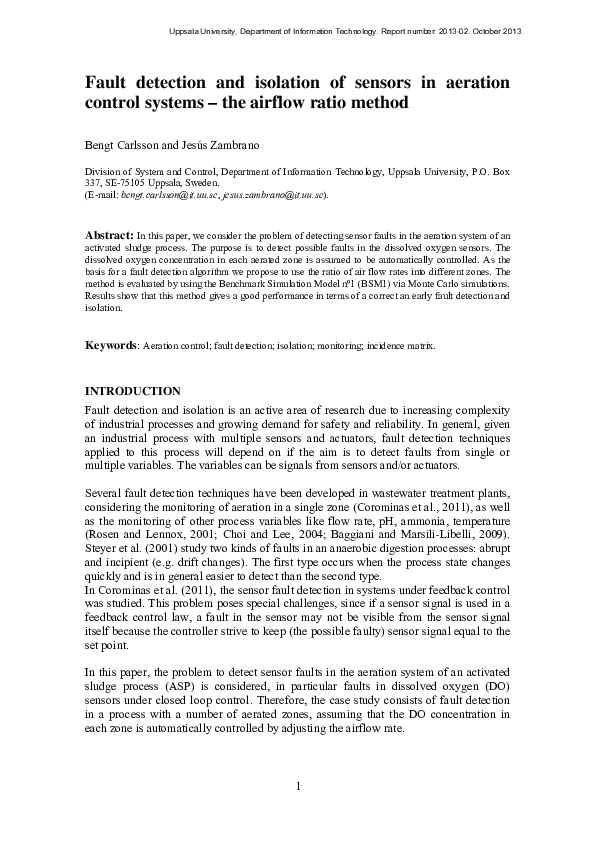 Pdf Fault Detection And Isolation Of Sensors In Aeration Control Systems