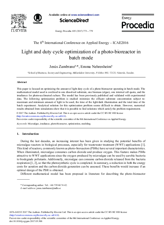 (PDF) Light and Duty Cycle Optimization of a Photo-bioreactor in Batch Mode