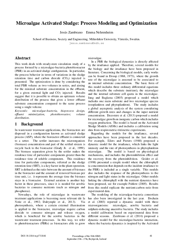 (PDF) Microalgae Activated Sludge: Process Modelling and Optimization