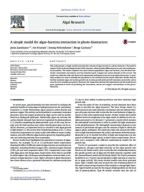 (PDF) A simple model for algae-bacteria interaction in photo-bioreactors