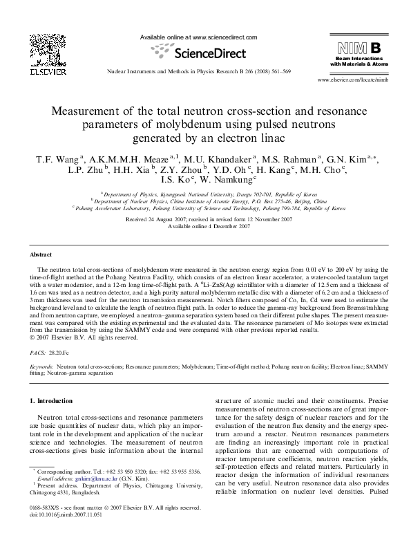 (PDF) Measurement of the total neutron cross-section and resonance parameters of molybdenum ...