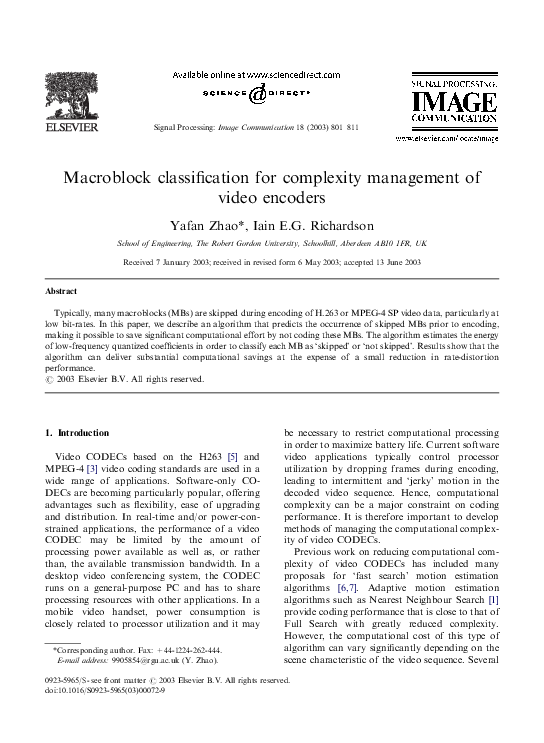 (PDF) Macroblock classification for complexity management of video encoders