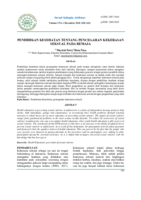 (PDF) Pendidikan Kesehatan Tentang Pencegahan Kekerasan Seksual Pada Remaja