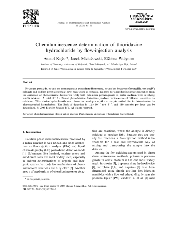 Pdf Chemiluminescence Determination Of Thioridazine Hydrochloride By Flow Injection Analysis