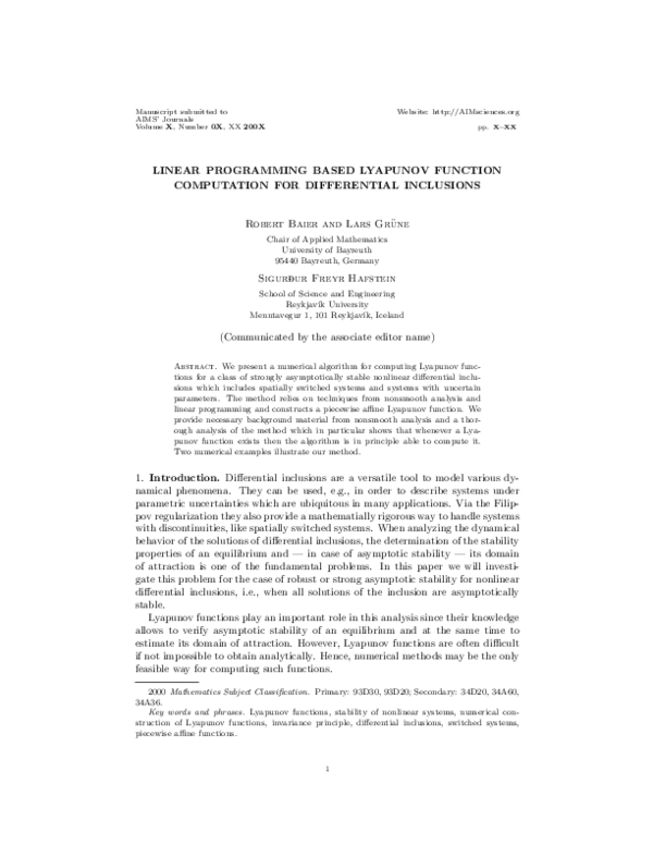 Pdf Linear Programming Based Lyapunov Function Computation For
