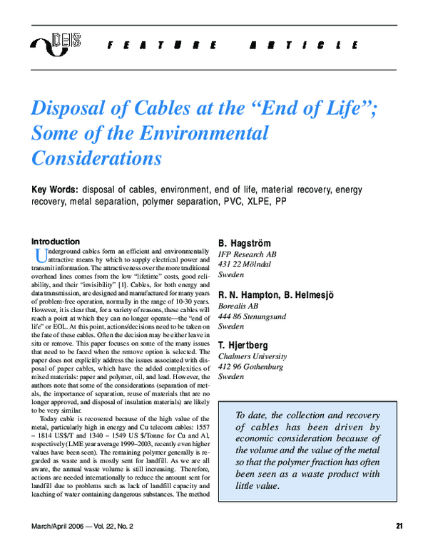 (PDF) Disposal of cables at the "end of life"; some of the ...