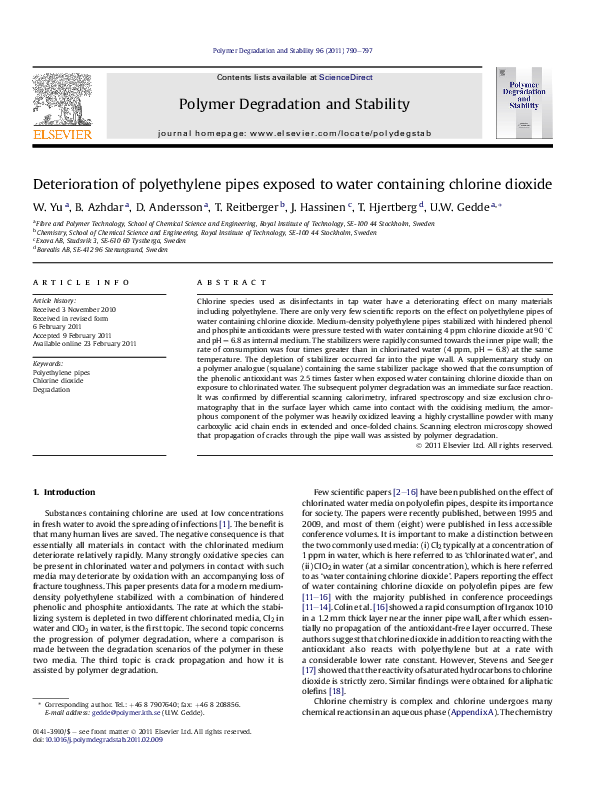 (PDF) Deterioration of polyethylene pipes exposed to water containing chlorine dioxide