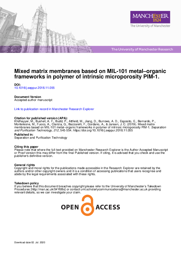 (PDF) Mixed matrix membranes based on MIL-101 metal–organic frameworks in polymer of intrinsic ...