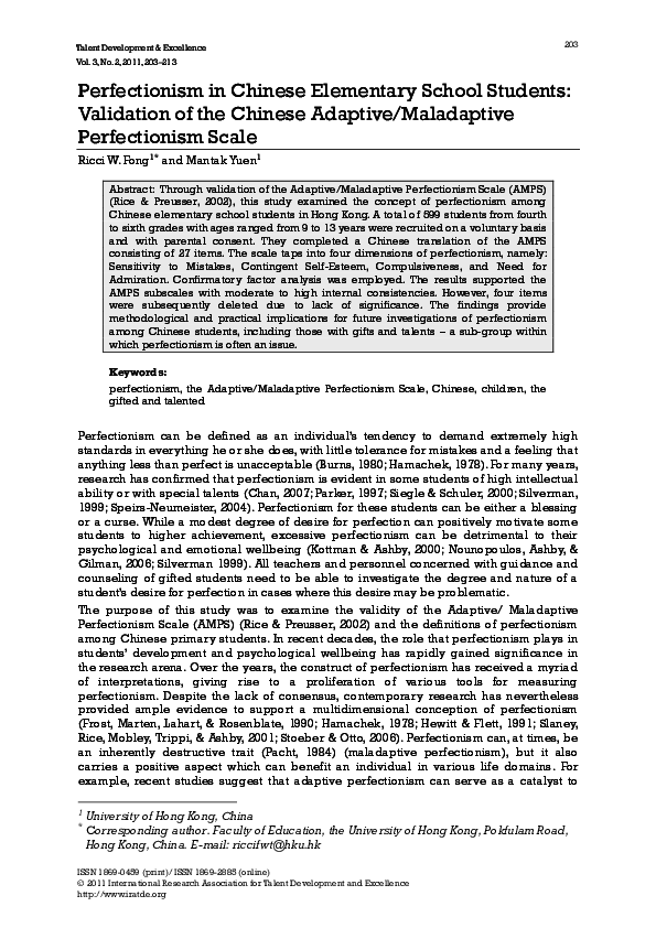 (PDF) Perfectionism in Chinese Elementary School Students: Validation ...