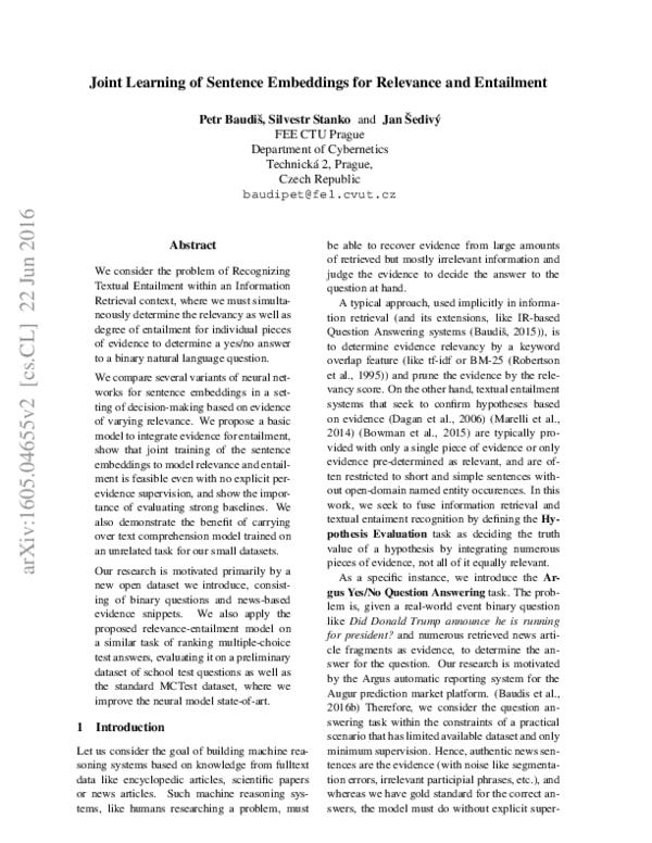 (PDF) Joint Learning of Sentence Embeddings for Relevance and Entailment