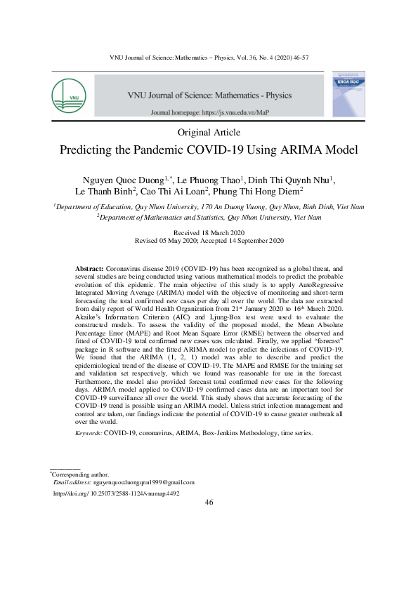 (PDF) ARIMA Model for Predicting Daily COVID-19 Cases Worldwide