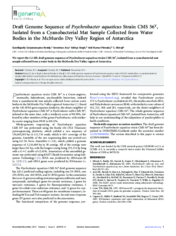 (PDF) Draft Genome Sequence of Psychrobacter aquaticus Strain CMS 56T, Isolated from a ...