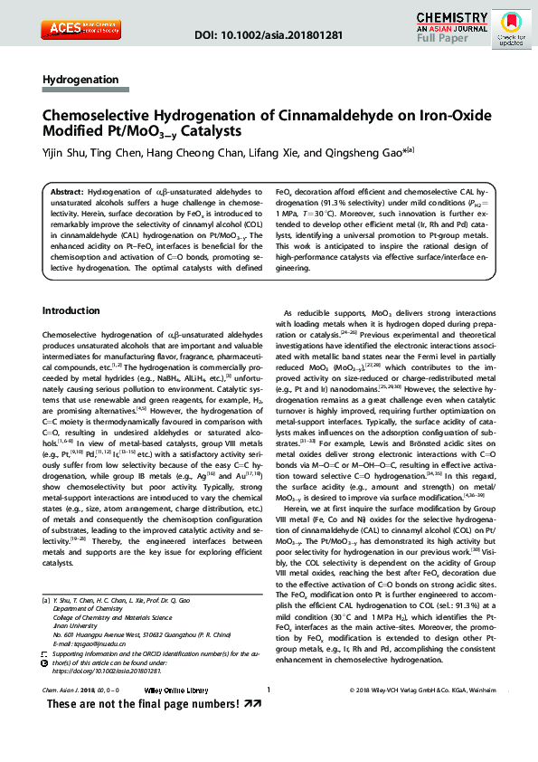 (PDF) Chemoselective Hydrogenation of Cinnamaldehyde over Pd/CeO2–ZrO2 ...