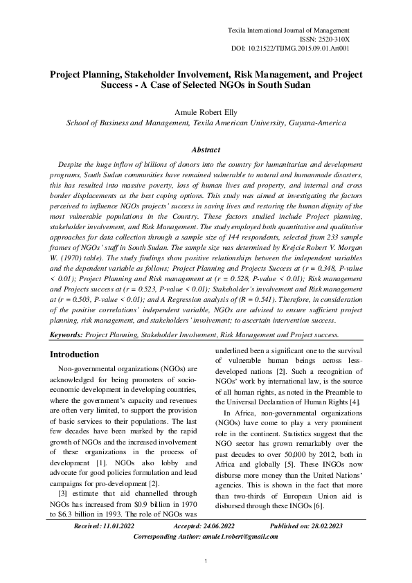 (PDF) Project Planning, Stakeholder Involvement, Risk Management, and ...